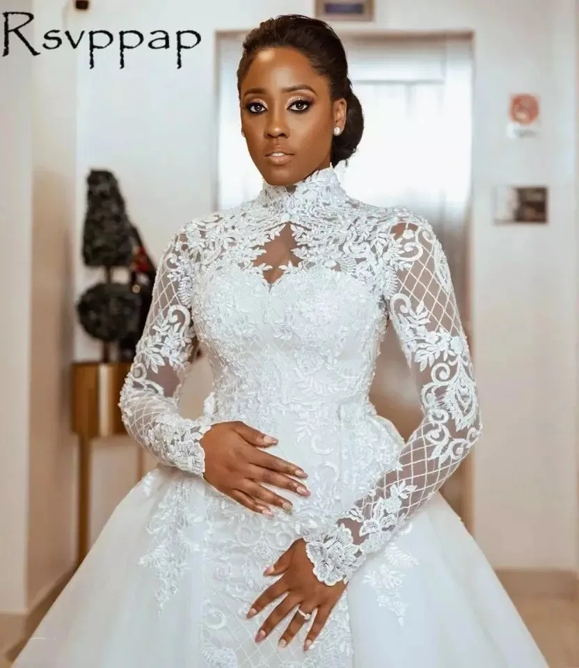 Custom Made Plus Size High Neck Long Sleeve Mermaid Lace Bridal Wedding ...