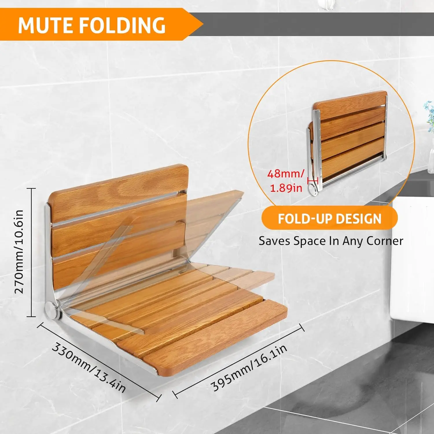 Folding Teak Wood Shower Bench Seat Foldable Aluminum Wall-Mounted Fold ...