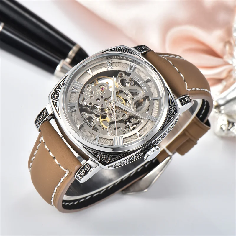 Kuerst Men's Automatic Mechanical Watch Brown Leather Luminous Alloy ...
