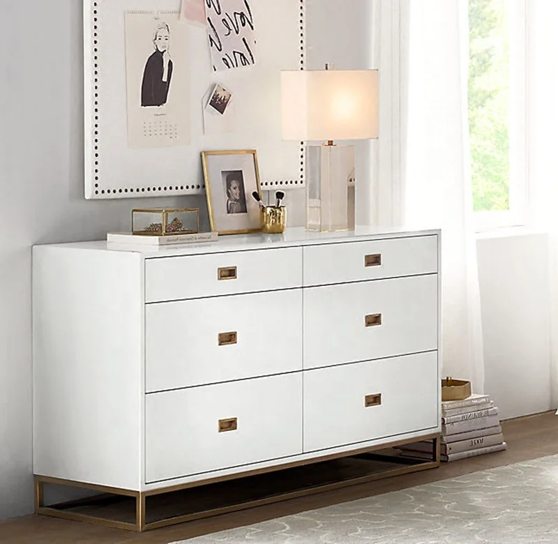 Modern Gold Metal Foot White 6 Drawers Double Handleless Storage ...