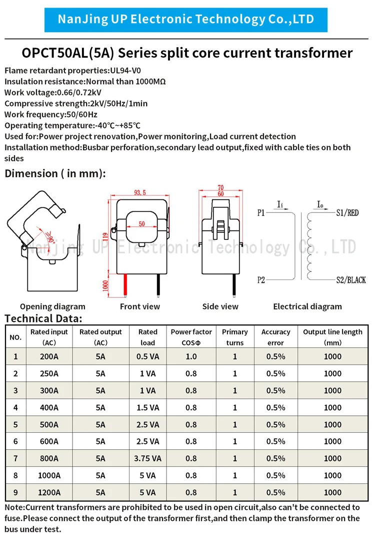Njxse Split Core Current Transformer Opct50al 500a 600a 800a 1000a 5a 1a