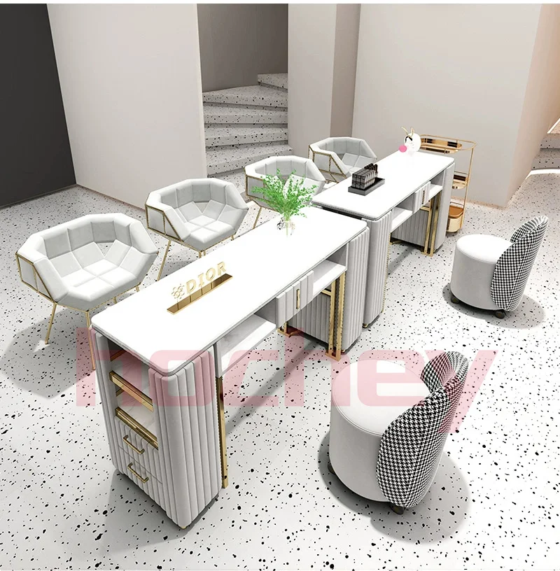 Hochey Modern Grey Marble Top Double Nail Table And Chair Set Gold ...