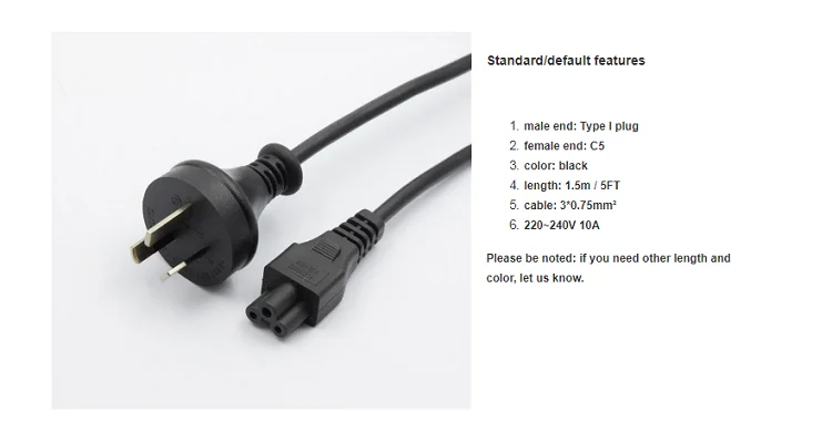 Au Plug Extension Power Cable 18AWG 3*0.75mm C5 10A 250V Australian ...