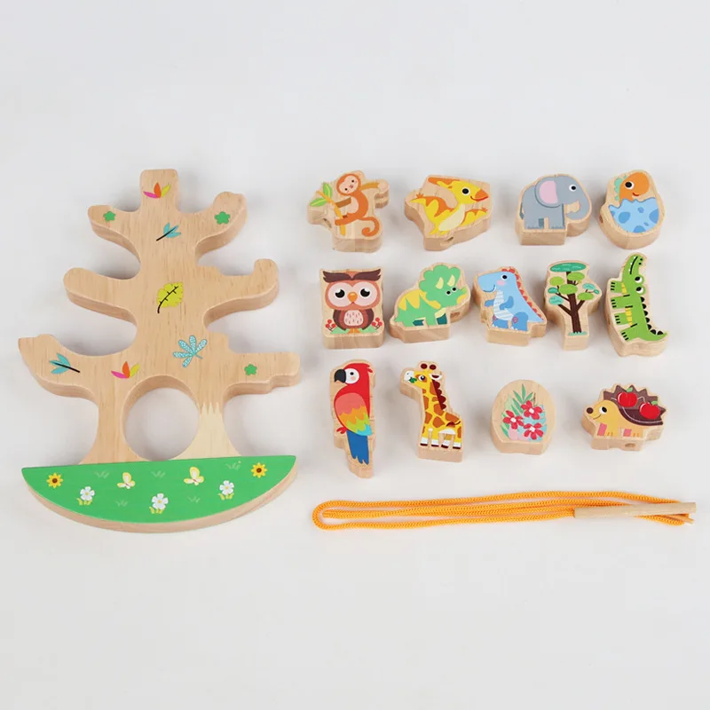 Wooden Animal Beaded Balance Tree Stacking Blocks Toy Kids Threading ...