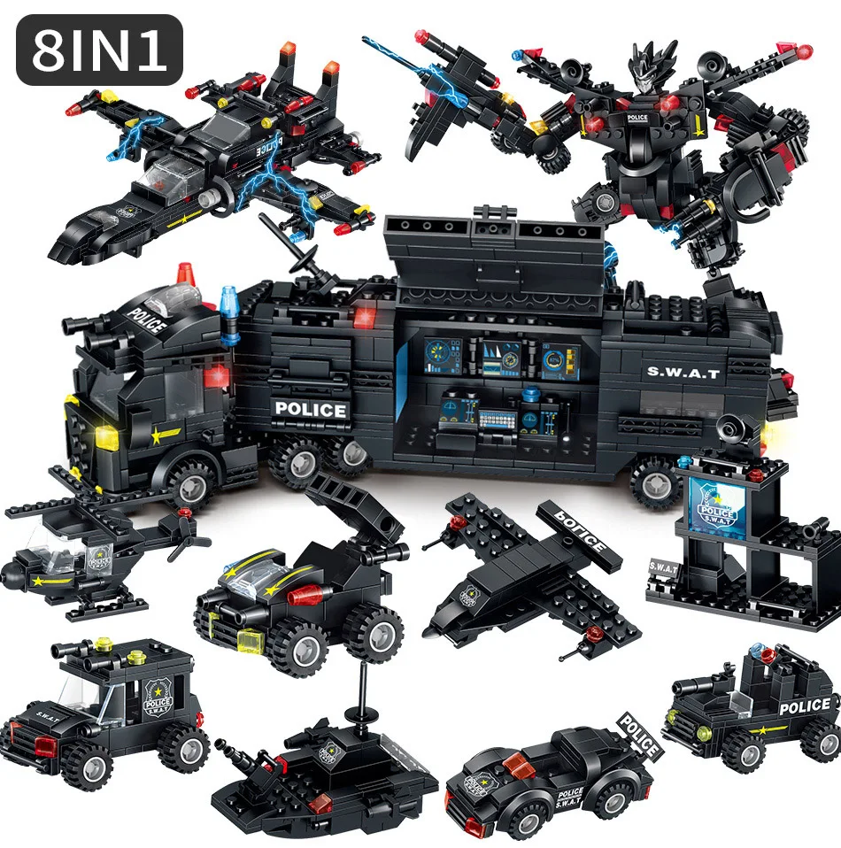 8 In 3 Robo Robots Bricks Aircraft Car Swat Police Team Robot City ...