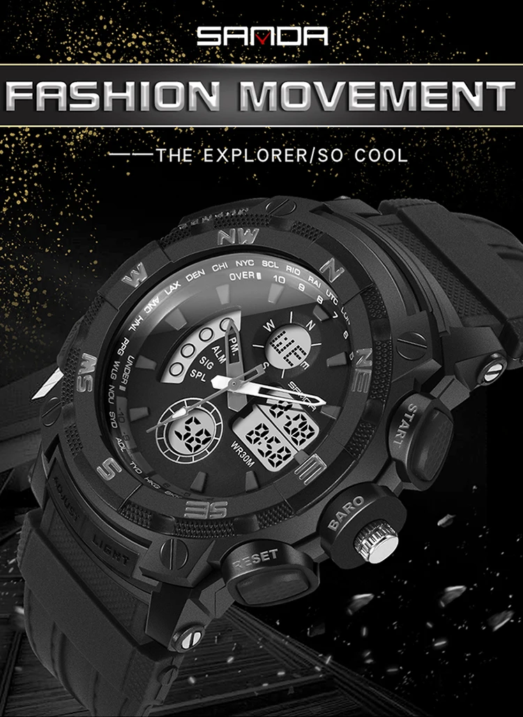 Sanda 775 Intrinsically Black Gents Digital Watch Clear Nylon Band ...