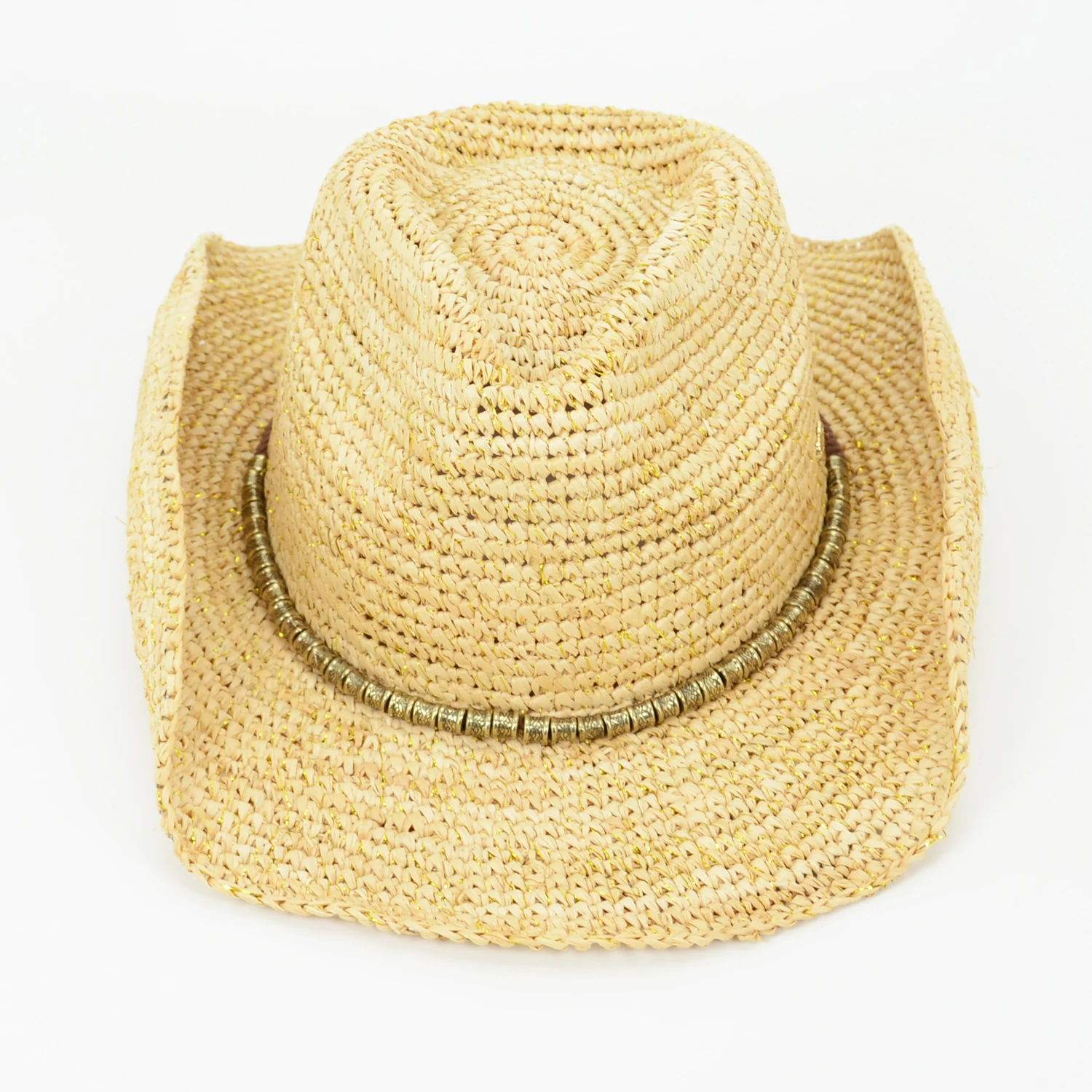 Handmade Crocheted Raffia Straw Cowgirl Hat With Beads Trimming - Buy ...