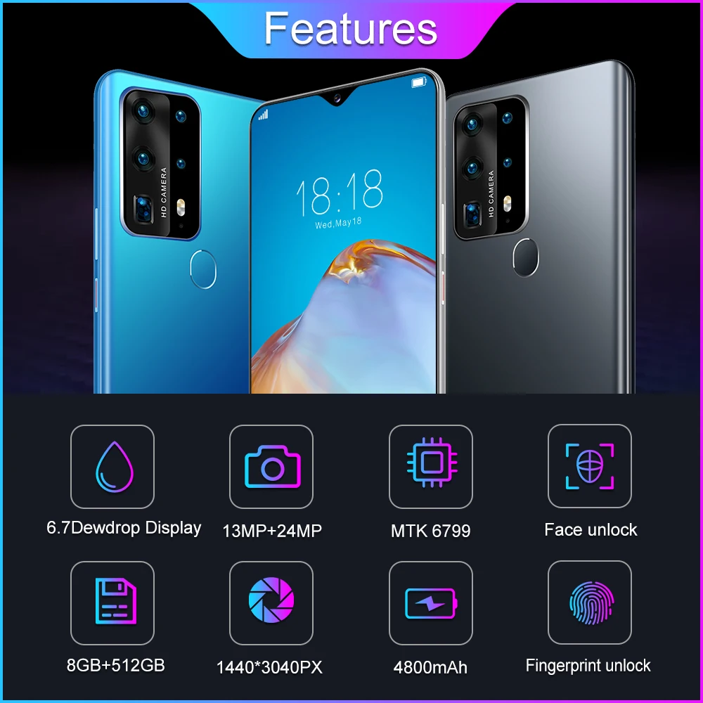 New Big Screen 4G Android Smart Phone - 6.7inch 8GB+256GB