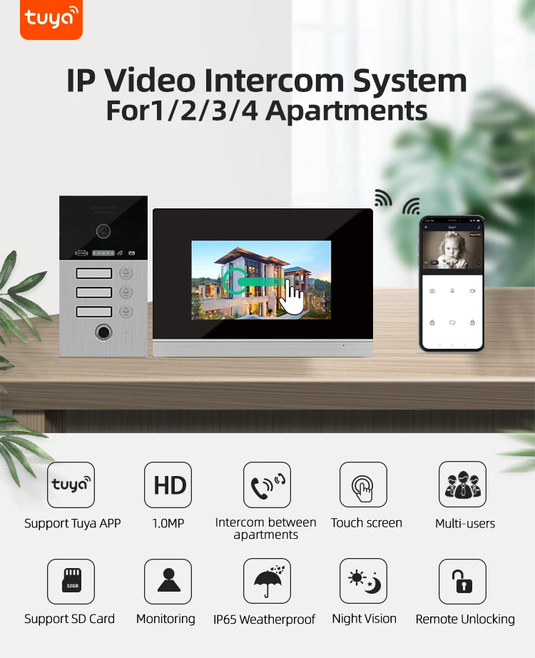 Tuya IP Wifi Video Door Phone Intercom Doorbell for 1-4 Apartments