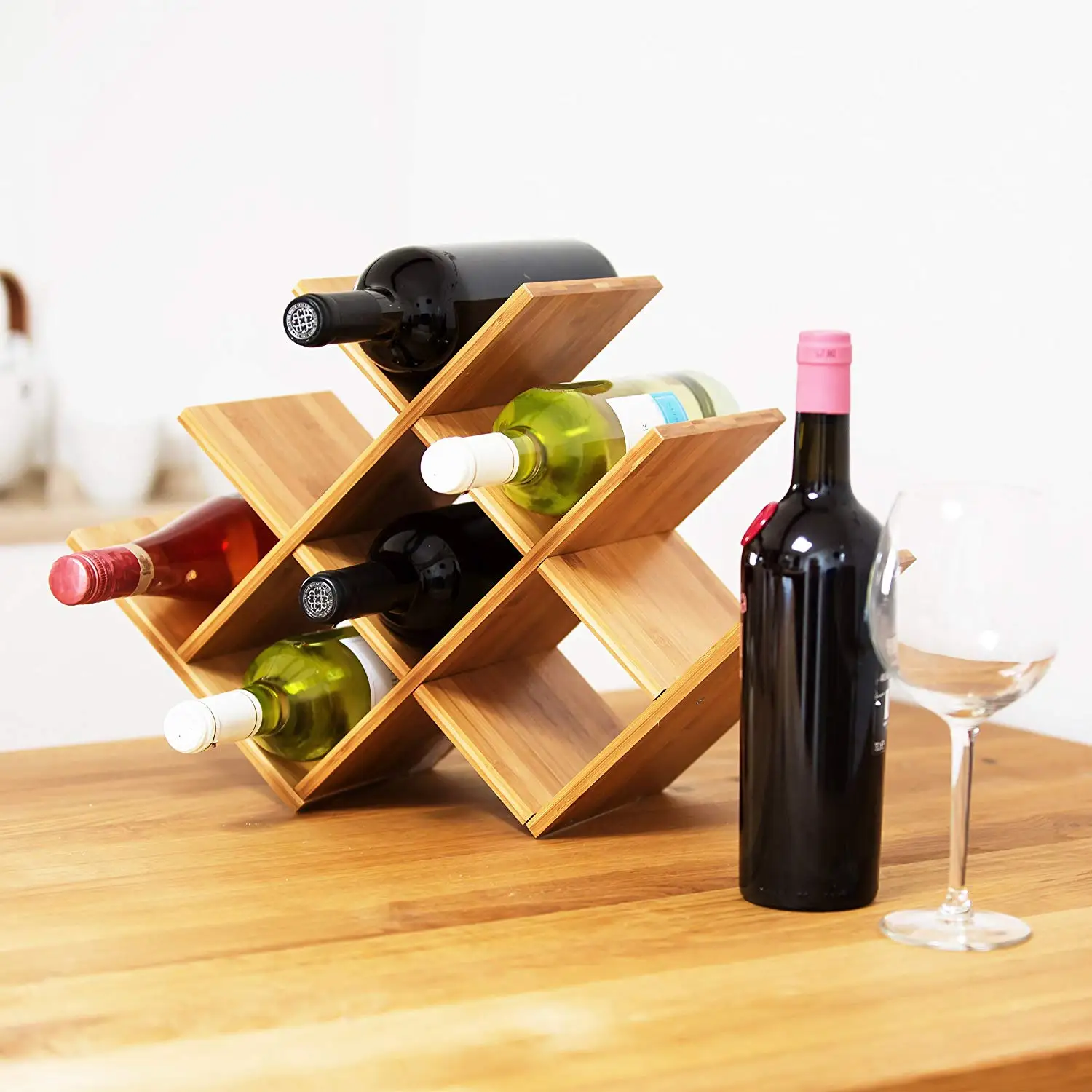 Bamboo 8 Bottle Wine Rack-space Saving Tabletop Free Standing Wine ...