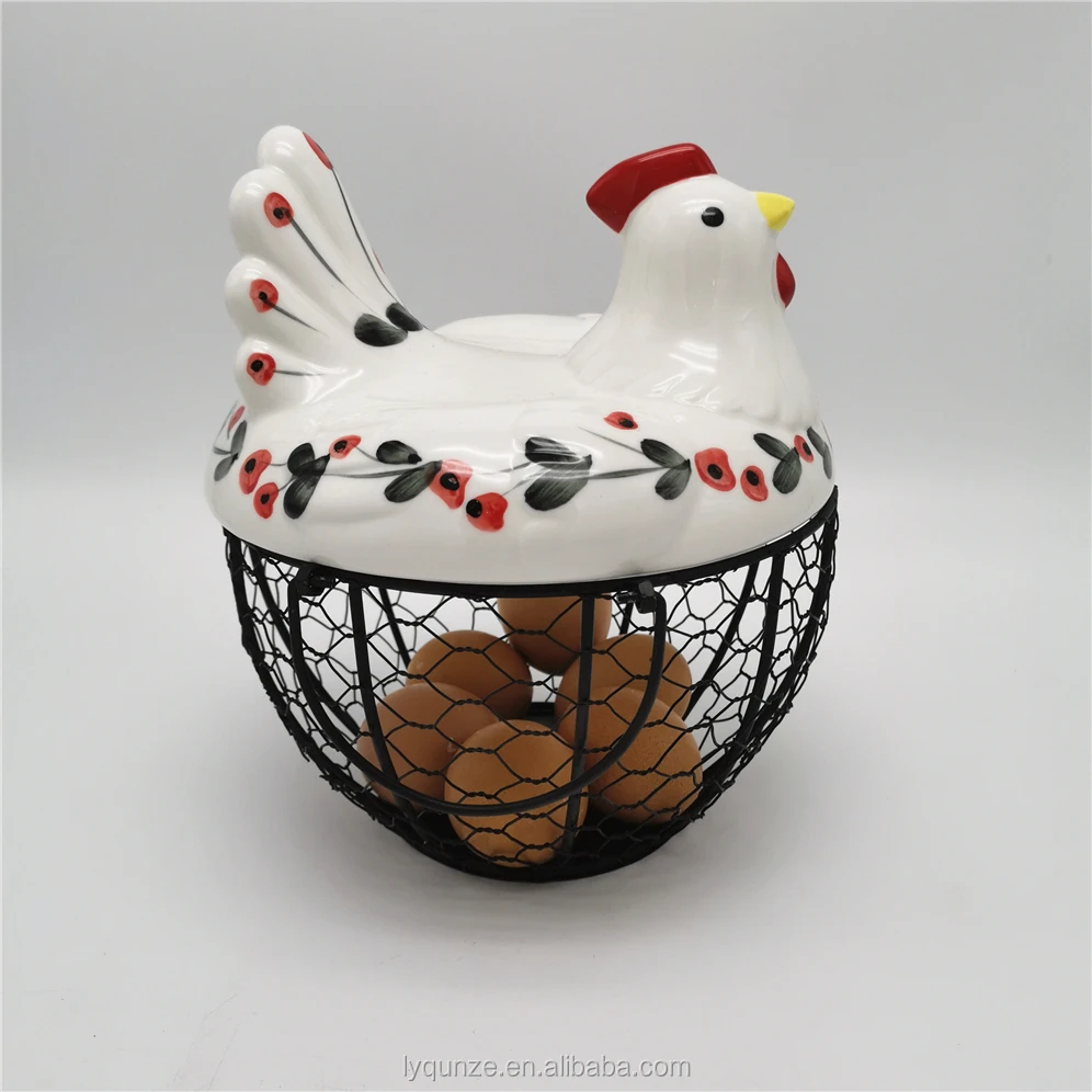 Mesh Wire Egg Basket with Ceramic Chicken Top Home Décor Baskets ...