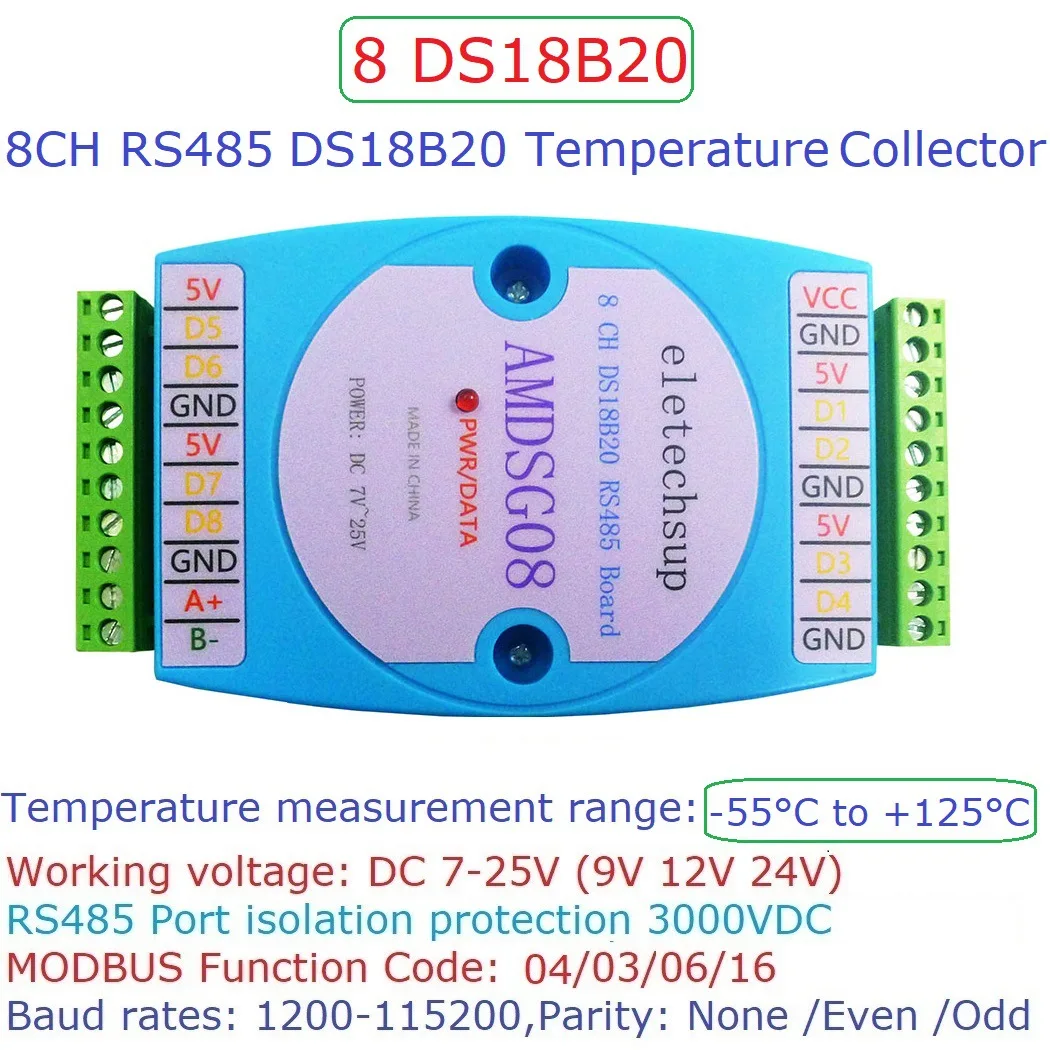 8CH DS18B20 Temperature Acquisition Module RS485 3000V Optical Isolation Communication Modbus ...