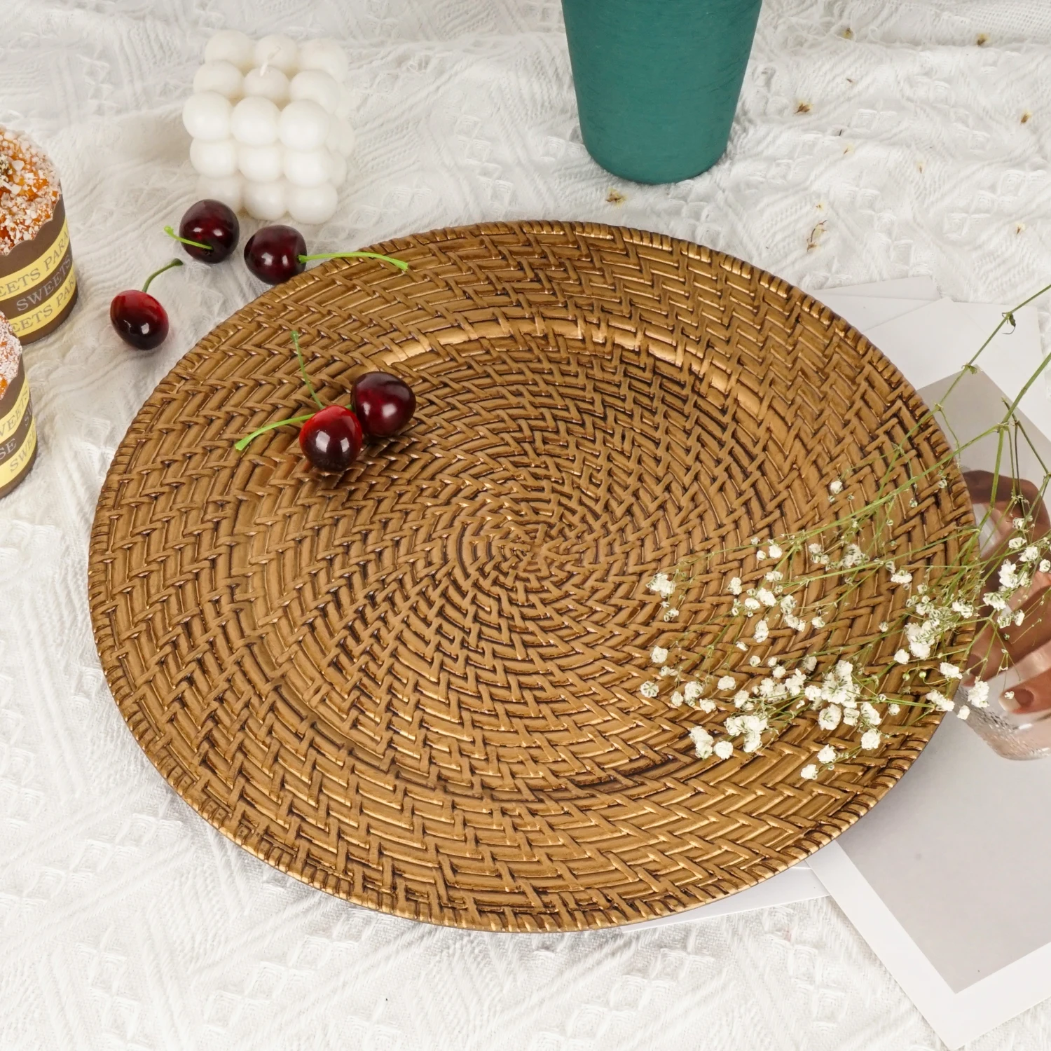 Elegant Brown Woven Rattan Pattern Plate Luxury Dinner Underplate Party ...