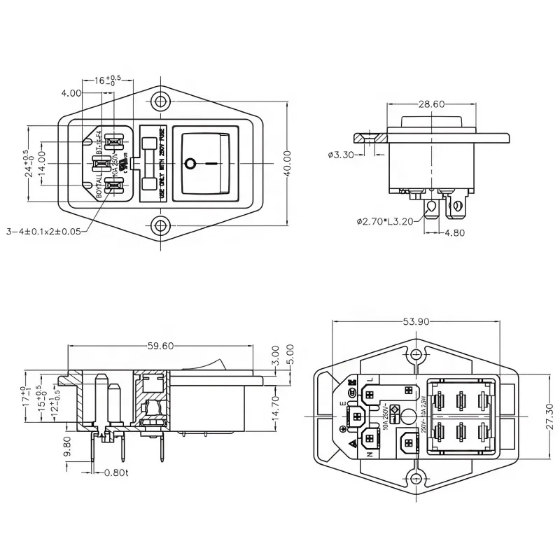 Electrical Switches Socket Iec320 C14 Fuse Outlet With Red Lamp Rocker