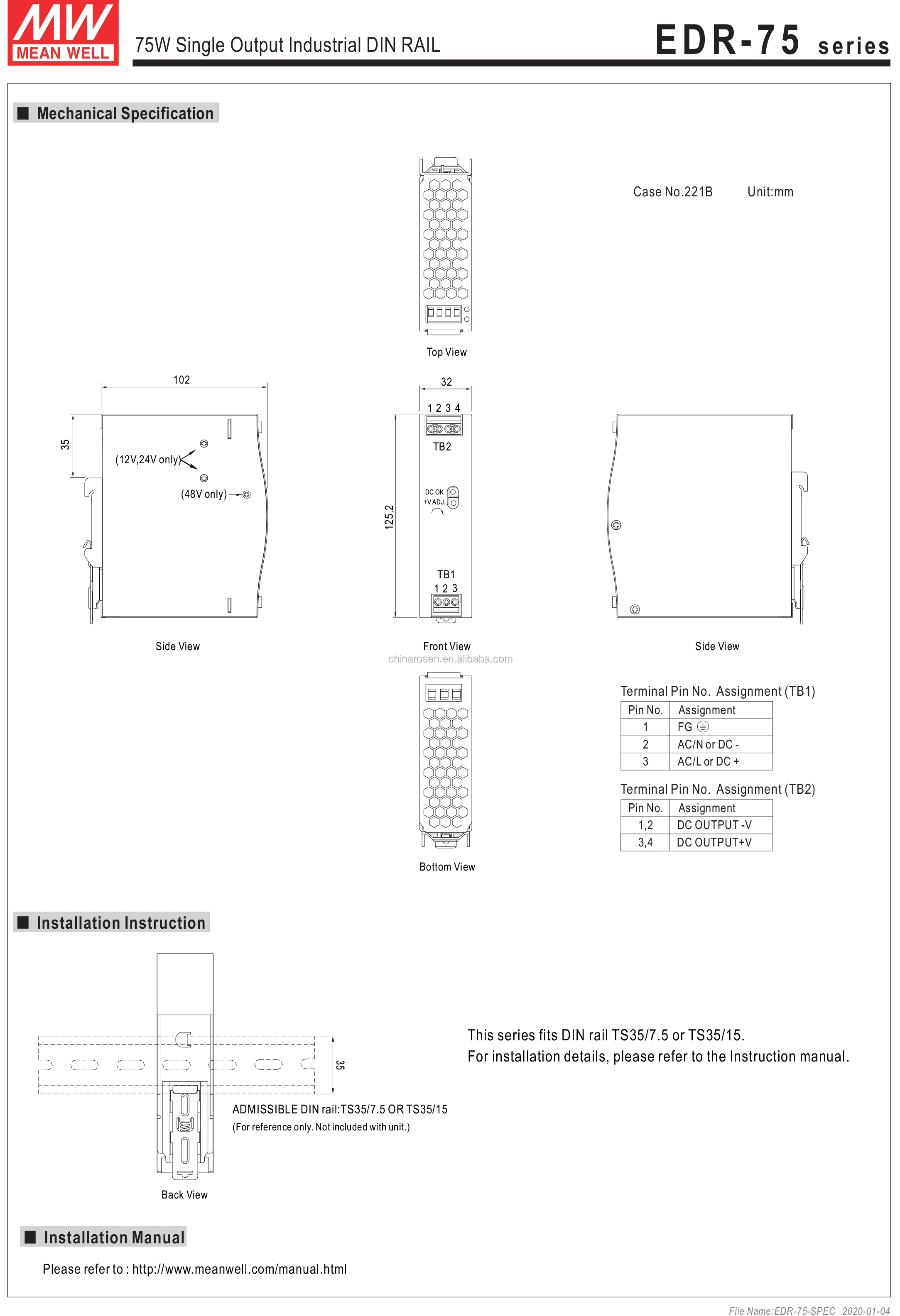 Edr-75 Series 75w 12v 24v 48v Ac-dc Smps Din Rail Smps Low Cost Mean Well Switching Power Supply ...