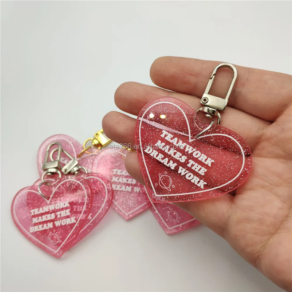 Custom Pink Plastic Glitter Acrylic Heart Shape Keychain With Key Ring ...