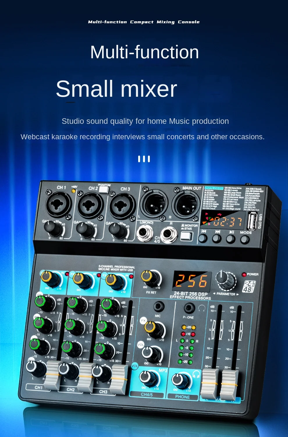 4-Channel USB Audio Mixer with 256 DSP Effects RGB LED | Mini Audio ...