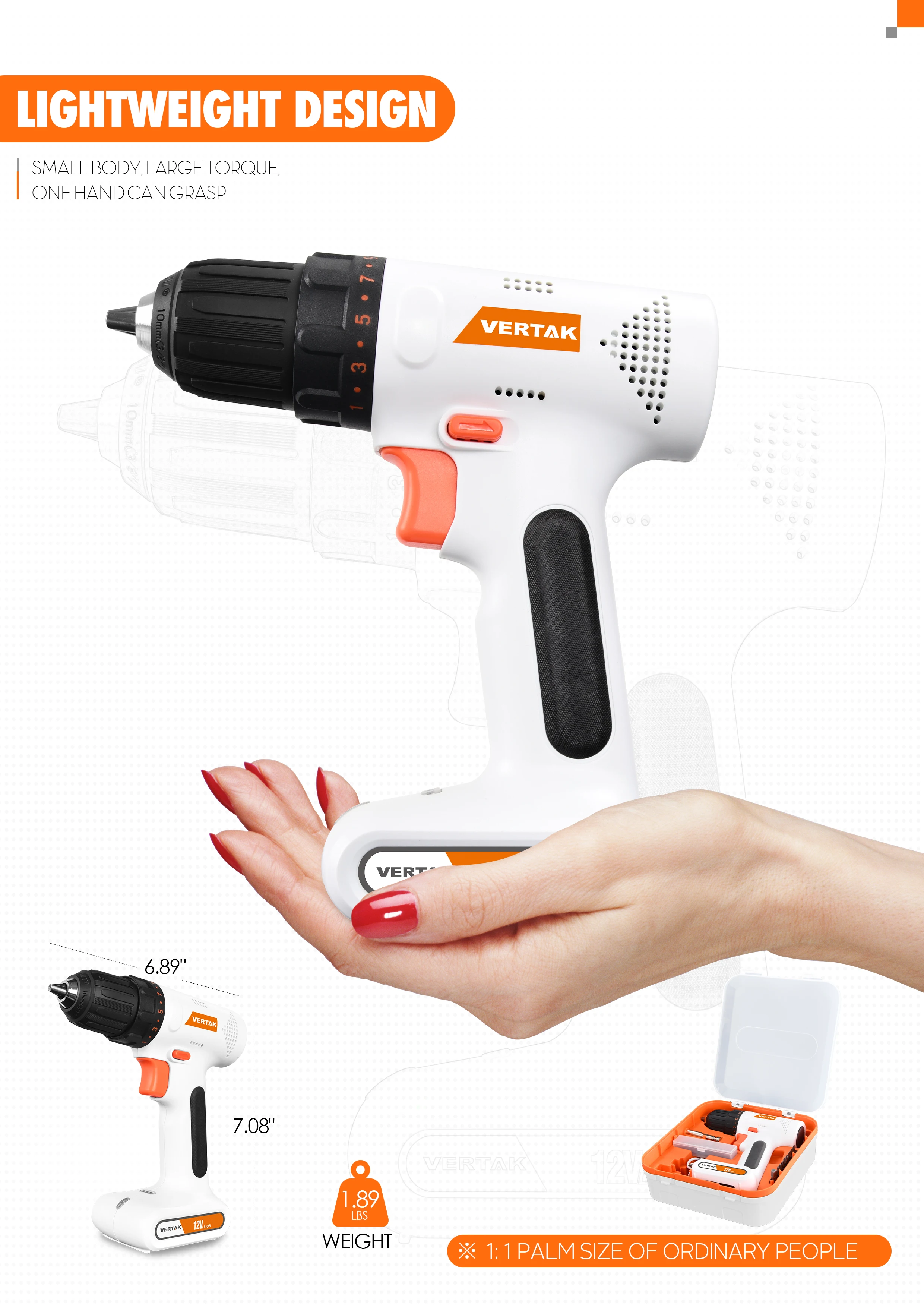 Vertak Brushless Lithium Electric Portable Drill Set 12v Mini Battery ...