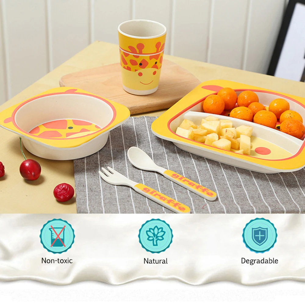5 In 1 Box Packing Cartoon Animal Bamboo Baby Tableware With Feeding ...