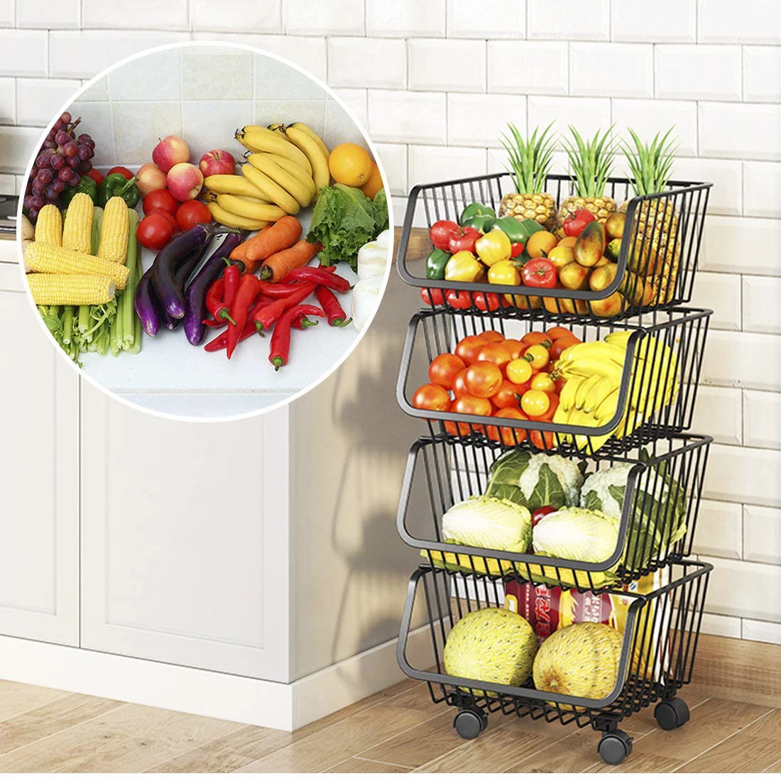 4-tier Sloping Wire Basket Shelf Black Standing Storage Baskets Rack ...