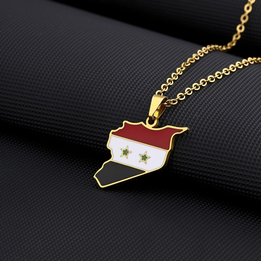 Enamel Syria Map Flag Pendant Necklace Stainless Steel For Women Men ...