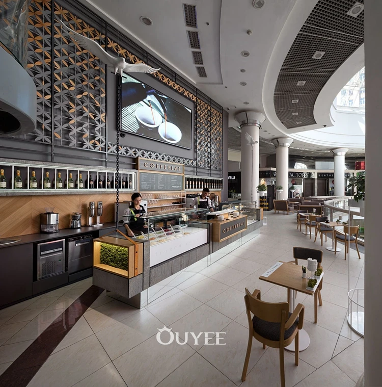 Custom Shopping Mall Airport Coffee Kiosk Wooden Bar Counter Interior ...