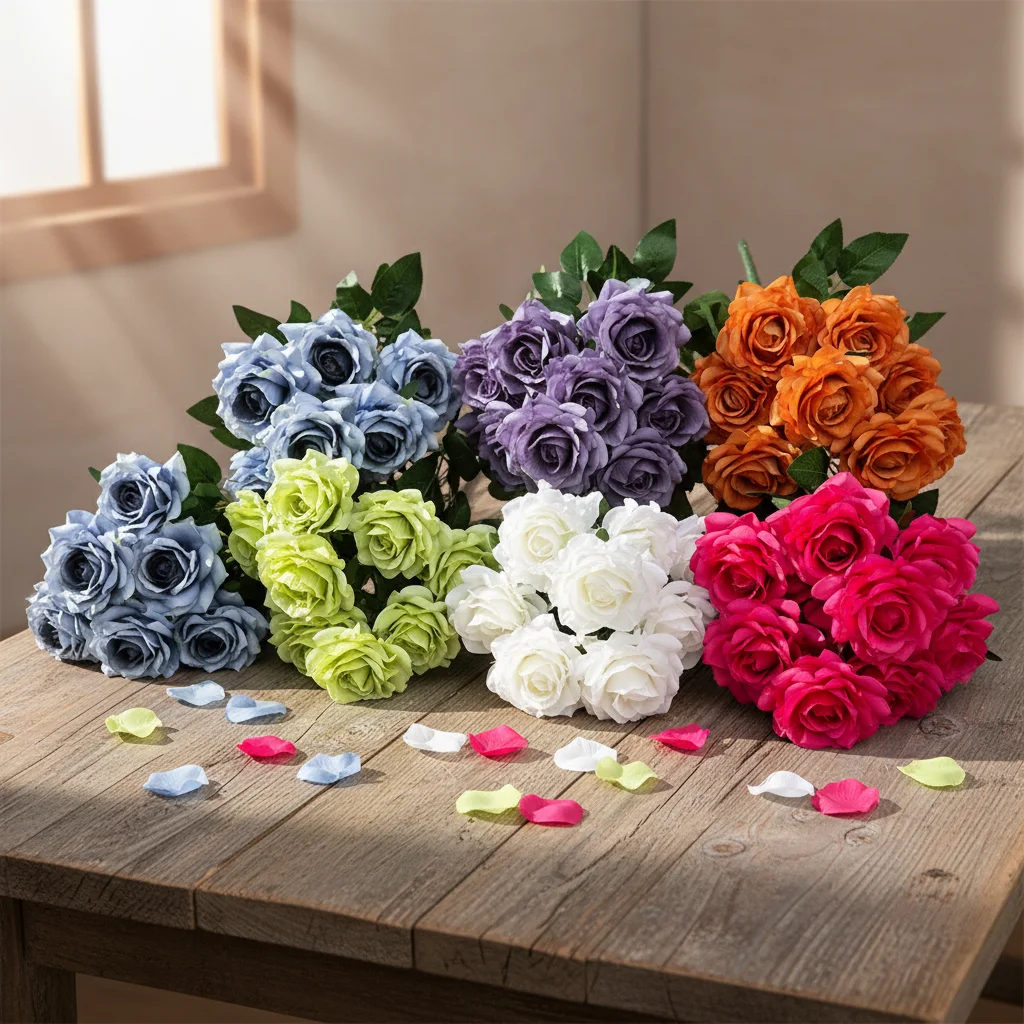 Handmade Artificial Rose Bouquets 9 Heads Silk Flower for Valentine's ...