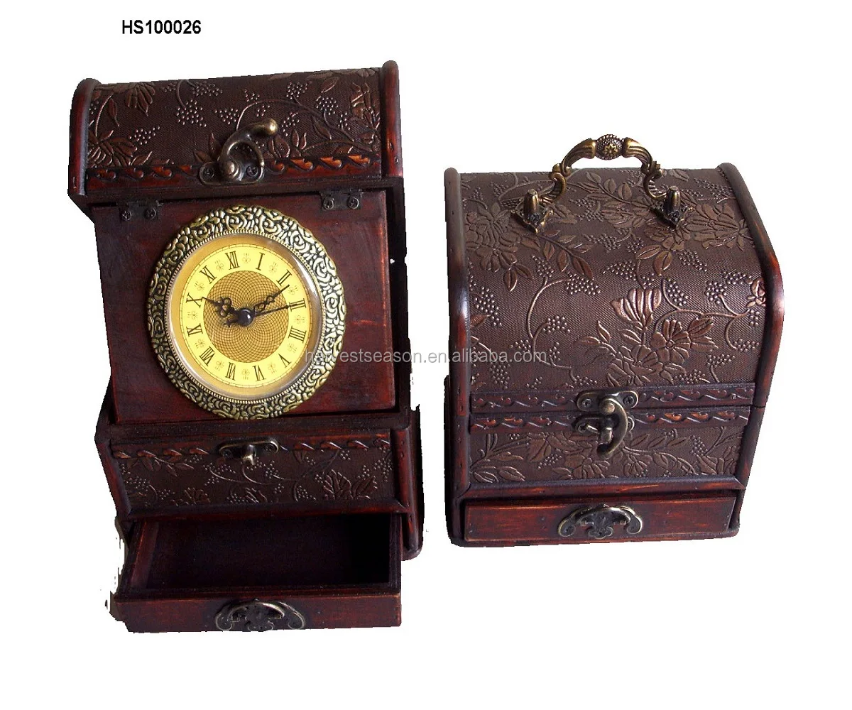 Antique Wooden Treasure Chest With Clock - Buy Wooden Clock,Table Clock ...