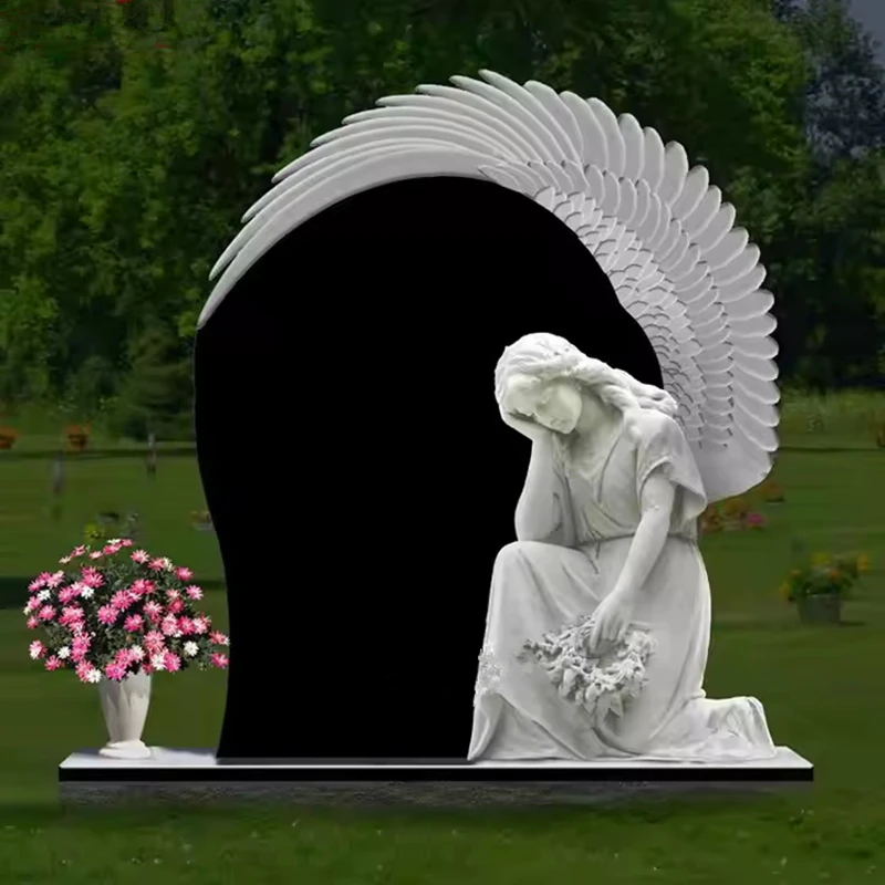Modern Black Granite Double Angel Headstone Tombstone Cemetery Memorial ...