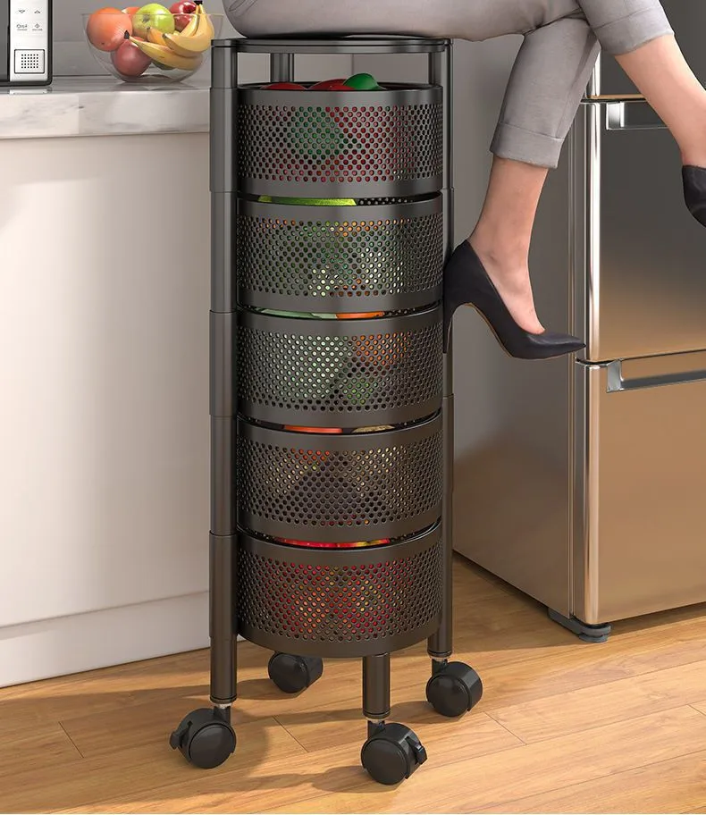3/4/5 Tier Multifunctional Round Rolling Cart Storage Baskets