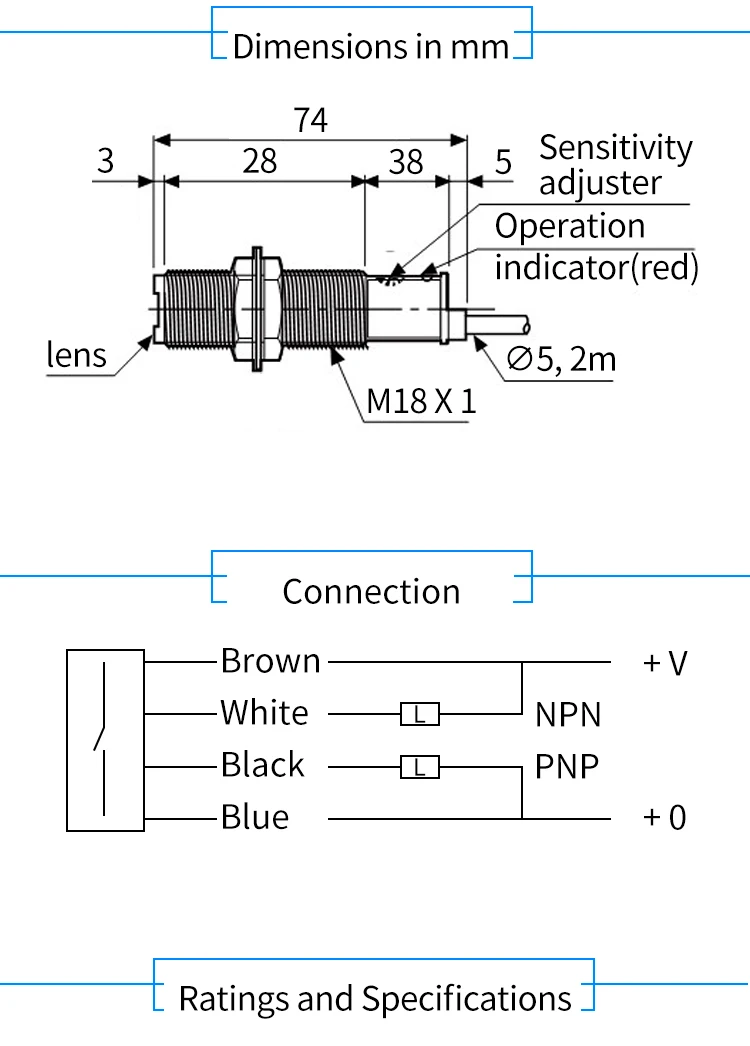 M18 Threaded Cylindrical Optical Proximity Switch Npn/pnp No Diffuse ...