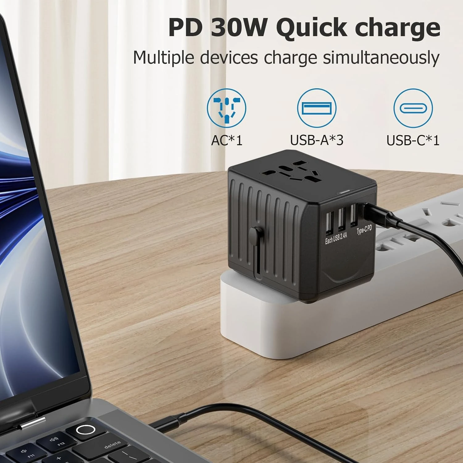 All-In-One Universal 6A 3USB 1USB C PD30W Wall Charger Adapter 30W Travel Adapter Compatible ...