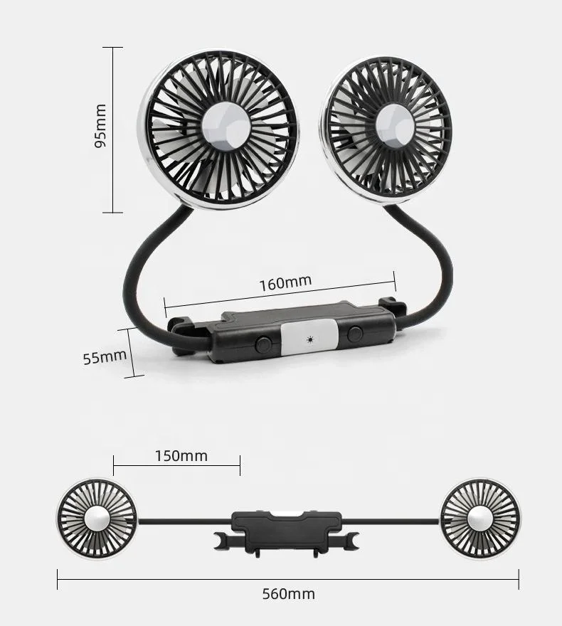 Car 2-head Cooling Fan 360 Degree Neck Rotation USB Silent with Light ...
