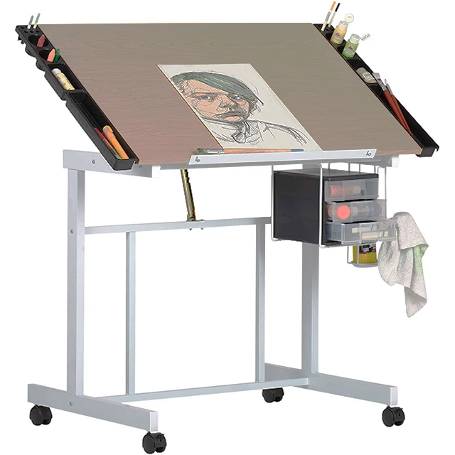 Height Adjustable Drafting Desk with Storage Drawer