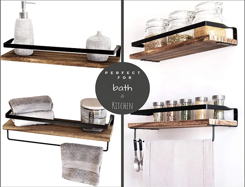 Home Decor Rustic Floating Wall Shelves With Rails Decorative Storage ...