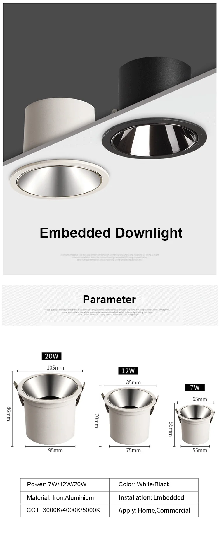 High CRI Ceiling Lighting - 7W, 12W, 20W COB LED Downlights