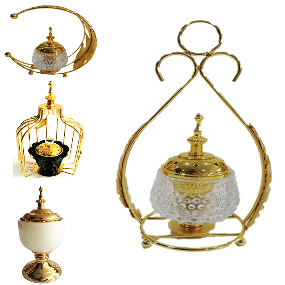 2020 Metal Gold Golden Glass Charcoal Bukhoor Incense Burner Holder ...