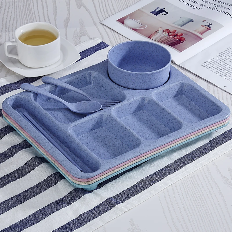 Colorful Wheat Straw Divided Plastic Plates With Soup Bowl Cutlery Set ...