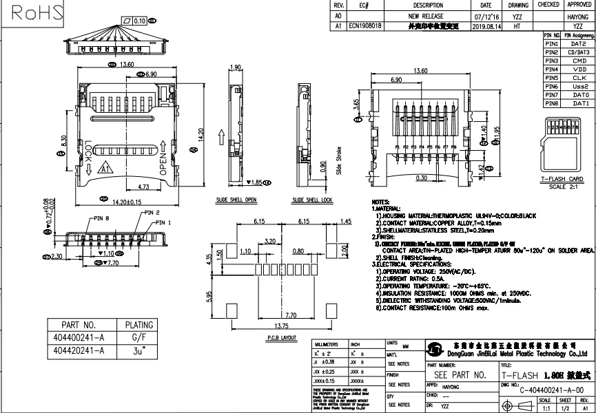 8 pin TF card connector Lift the cover type H1.8mm micro SD card socket ...