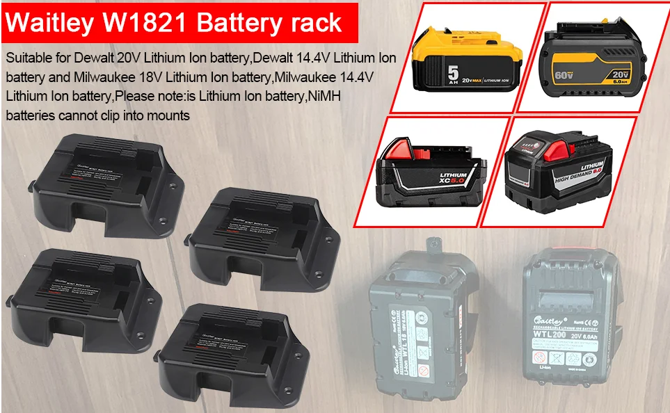 Waitley Battery Holder Wall Mount Storage Shelf Rack Fit For Dewalt 20v ...