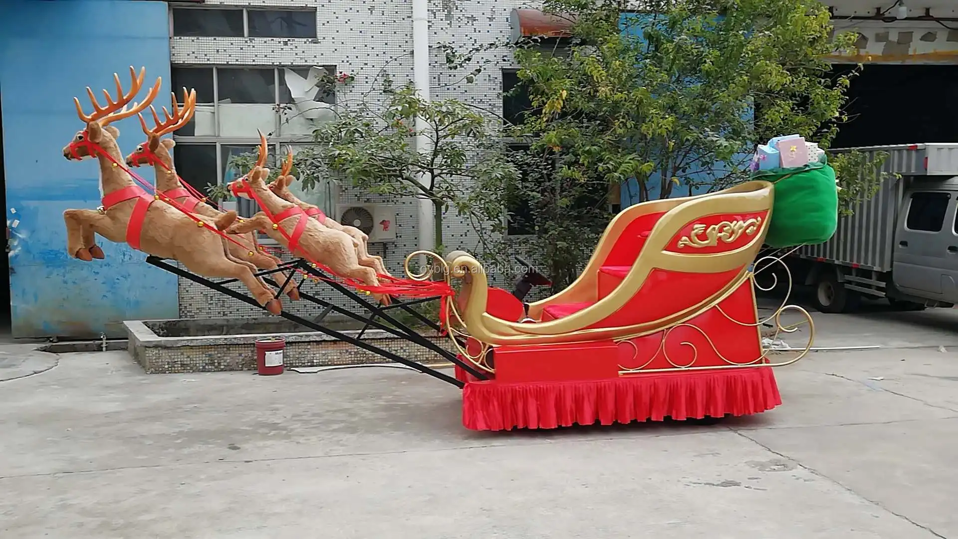 Reindeer and Sleigh with Wheels - Fiberglass Christmas Decor