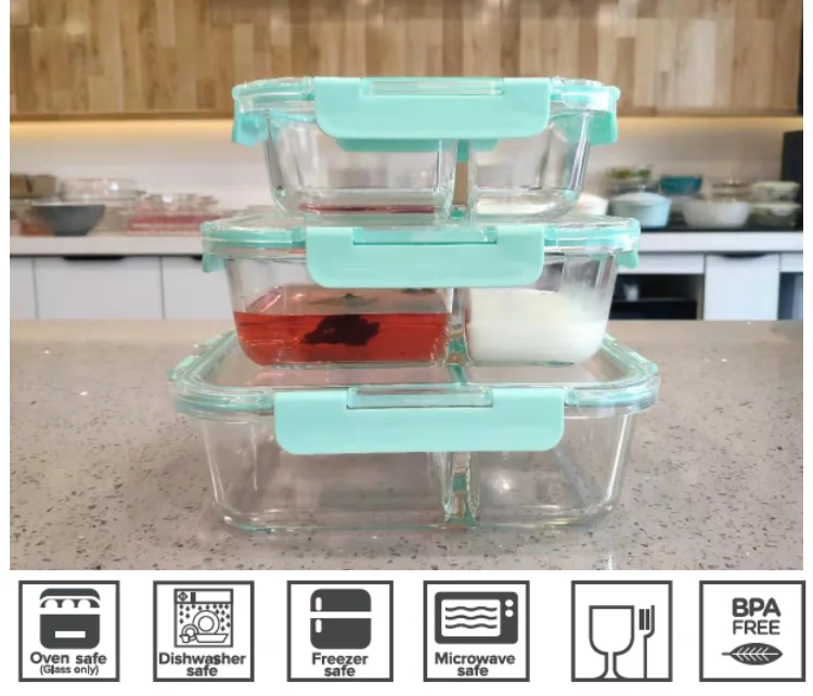 Full Partition 2 Compartments Glass Food Container Tiffin Lunch Box ...