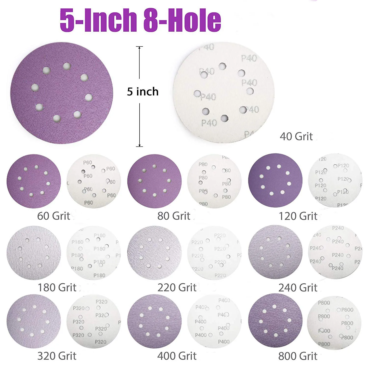 SATC 5 Inch 8 Holes Ceramic Sanding Discs 40-800 Grit Sandpaper Hook ...