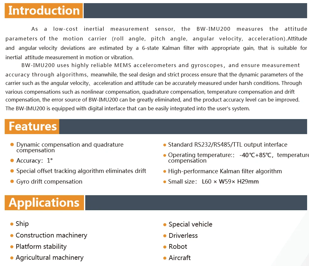 BWSENSING IMU200 MEMS Sensor M Grade IMU with 1 Digital Output and ...