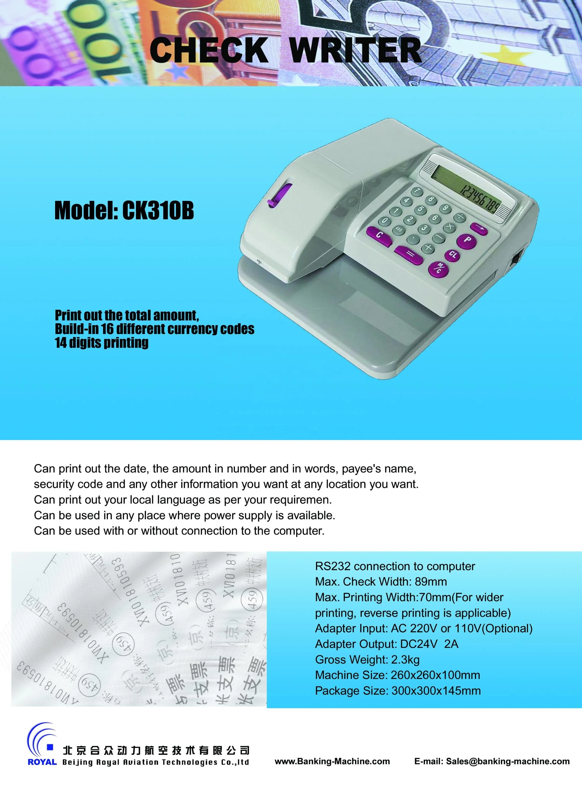 Ck-310b Currency Symbol Printing Cheque Printer Check Writer ...