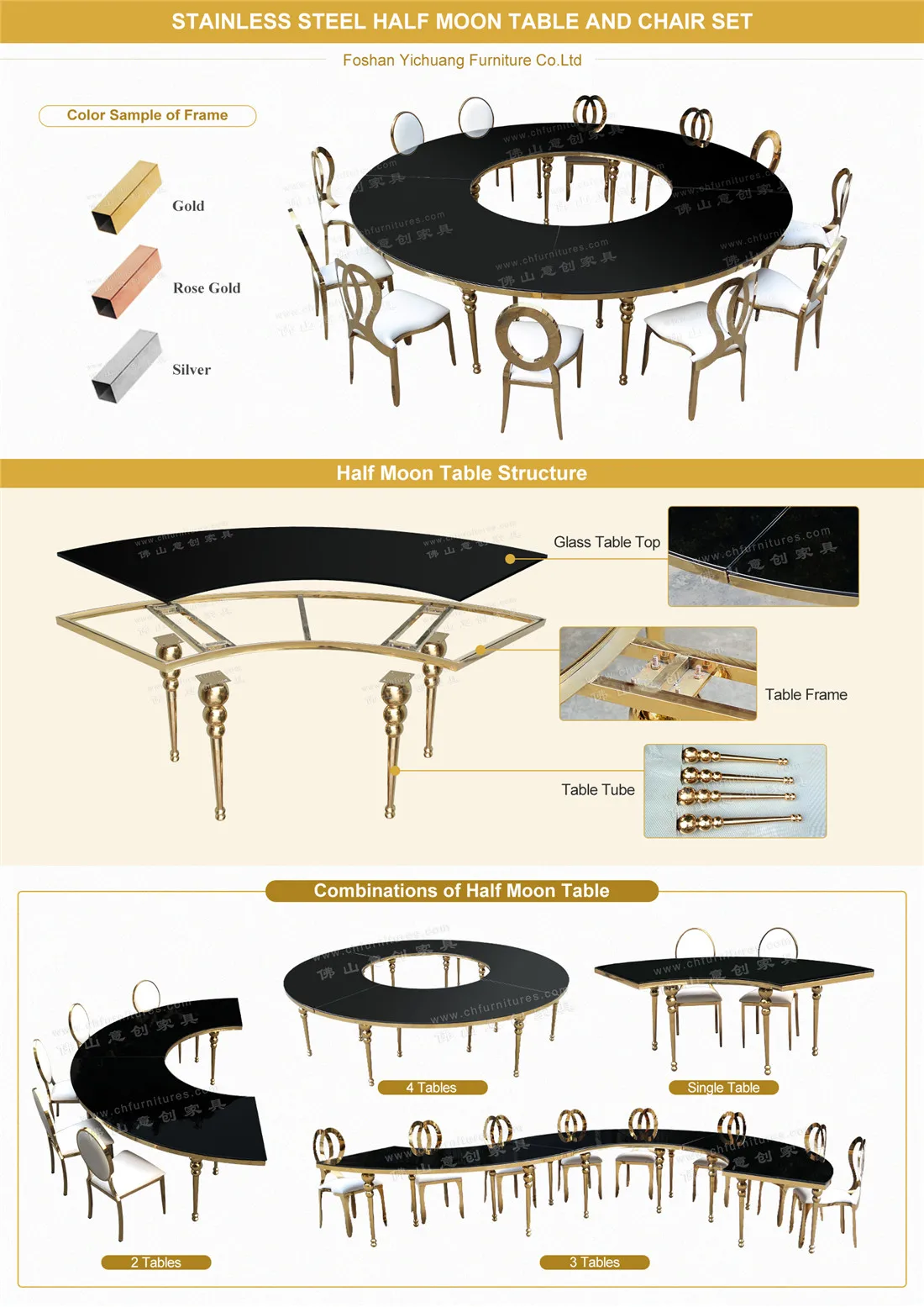 Half Moon Style Glass Dining Table with Gold Stainless Steel
