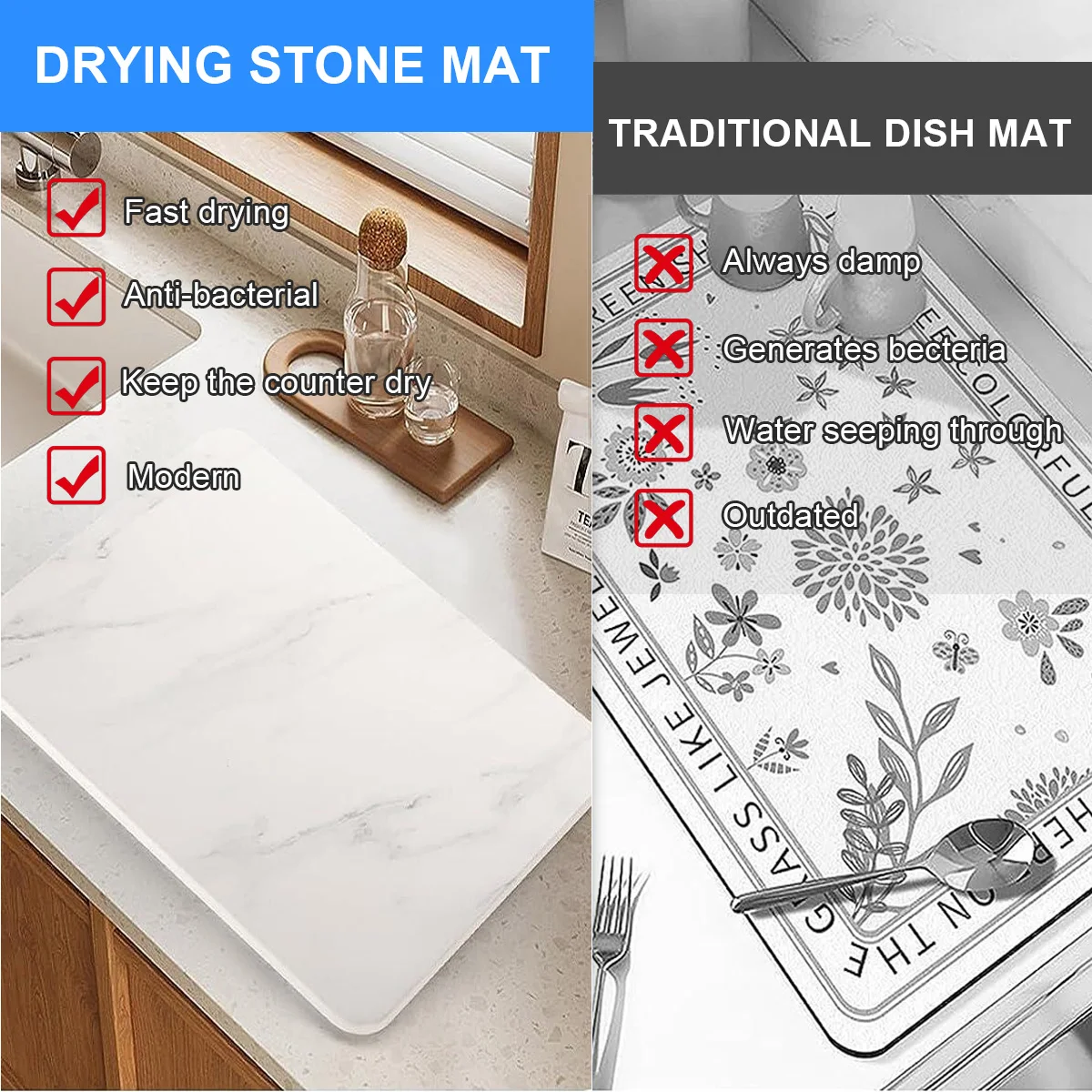 Stone Dish Drying Mats for Kitchen Counter - Absorbent & Sustainable