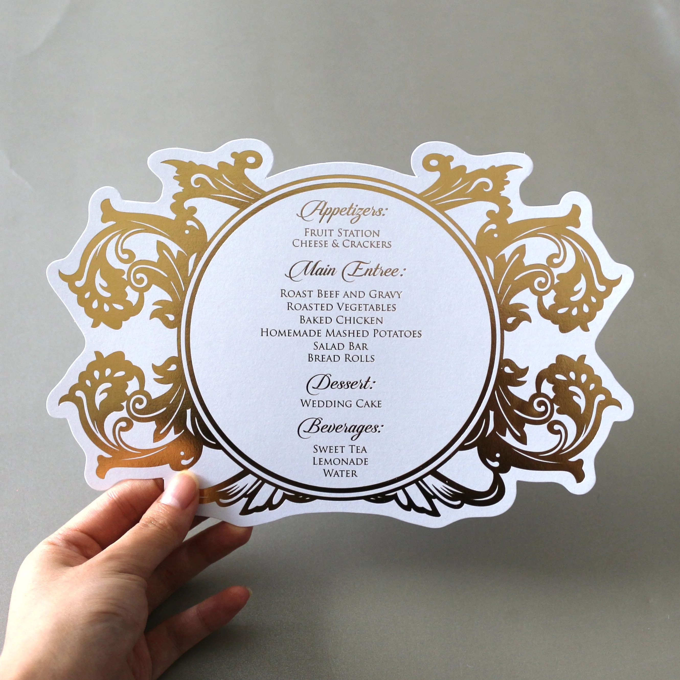 Elegant White Pearl Paper Menus with Gold Foil Special Shape