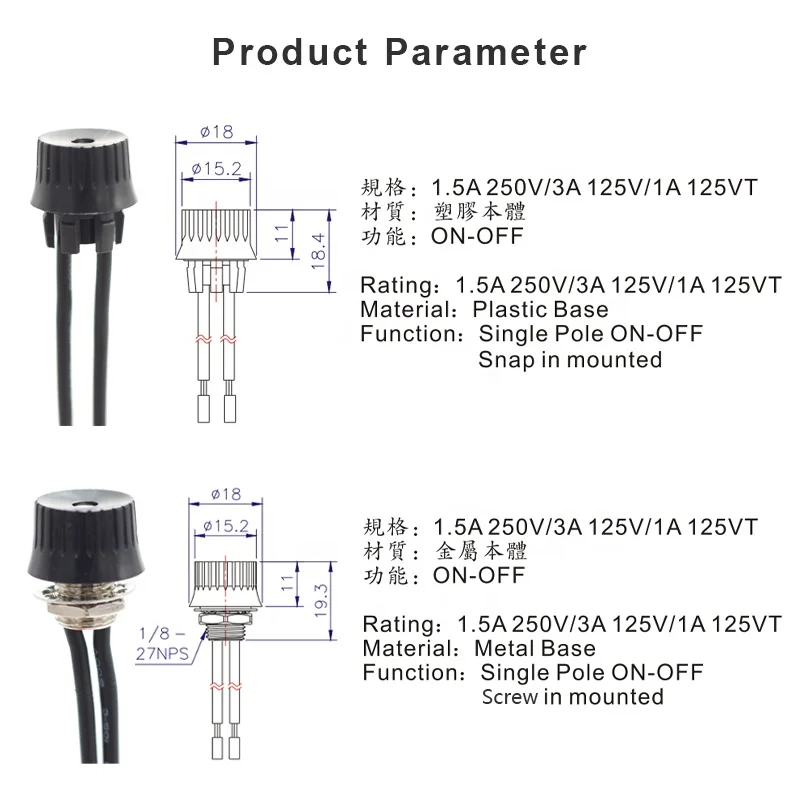 Canopy Switch 1.5a 250v 3a 125v Rotary Style On/off Metal Thread Base ...