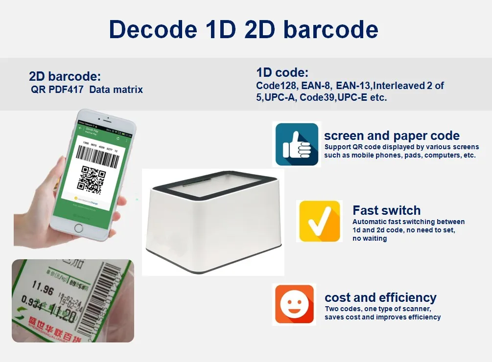 Desktop USB QR Code Reader with Bluetooth 1D 2D Scanner